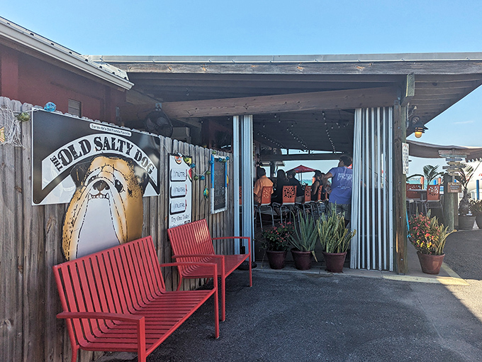 The shark-adorned entrance says it all: this isn't fancy Florida dining, it's the real deal. Those red benches have witnessed countless hungry pilgrims awaiting seafood nirvana.