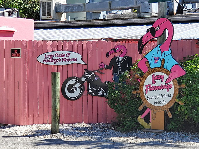 The pink fence and cartoon flamingo aren't just decoration&mdash;they're a promise of the unpretentious island joy waiting inside this Sanibel treasure.
