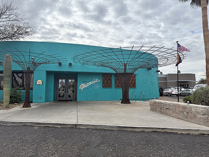 The turquoise exterior isn't just eye-catching&mdash;it's a desert mirage that actually delivers on its promise of culinary salvation.