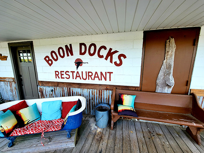 The unassuming facade of Boondocks promises little but delivers culinary treasures. That bathtub sofa? Pure genius &ndash; comfort meets coastal quirk.