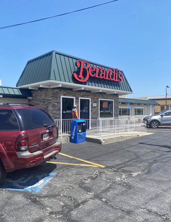 The bold red sign against the stone facade says it all &ndash; this isn't just breakfast, it's a Sandusky institution waiting to welcome you home.