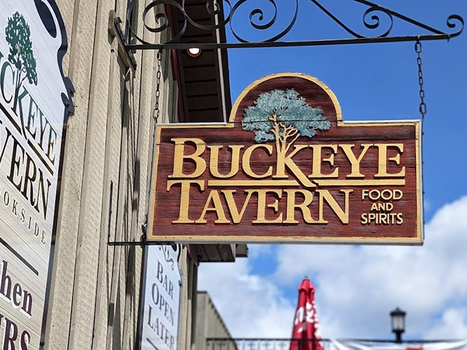 The iconic wooden sign of Buckeye Tavern sways gently in the Pennsylvania breeze, a beacon for hungry travelers since the 1700s.