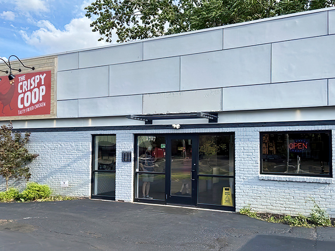 The unassuming exterior of The Crispy Coop stands like Clark Kent before the phone booth&mdash;ordinary outside, superhero chicken within.