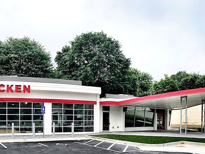 The former gas station's transformation into a hot chicken haven is architectural poetry&mdash;white walls with bold red accents promising fiery delights within.