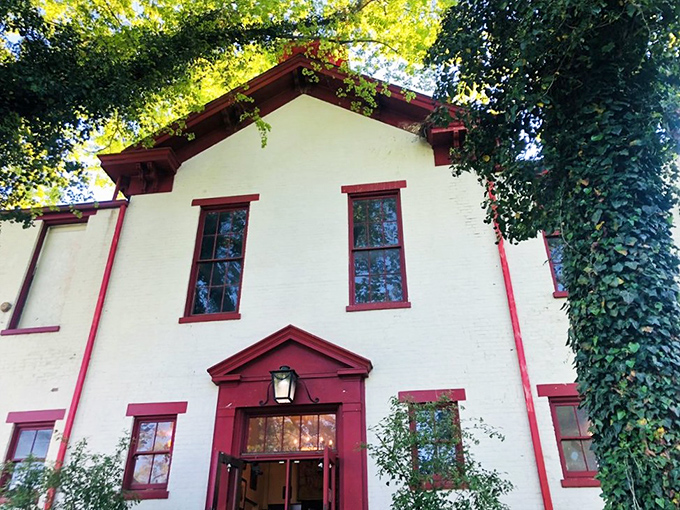 The white schoolhouse with its distinctive red trim stands like a time capsule among autumn trees, inviting hungry students of good food to come inside.