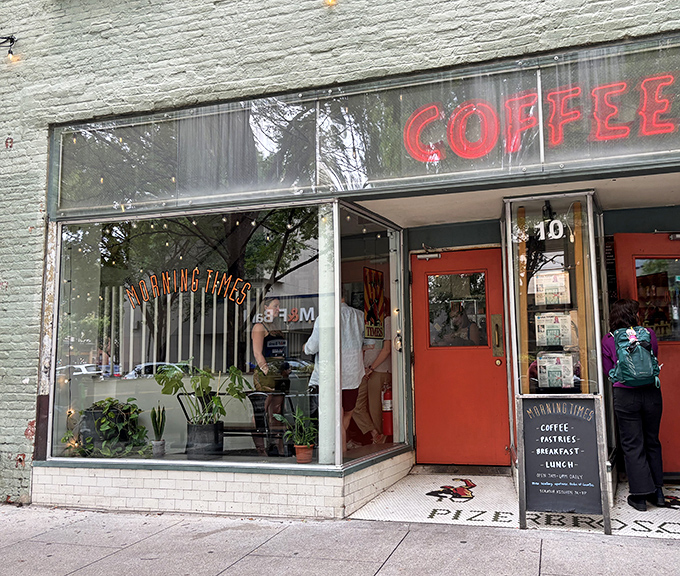 The mint-green exterior with that bold red door is like a secret handshake – once you know it, you're part of the Morning Times club.