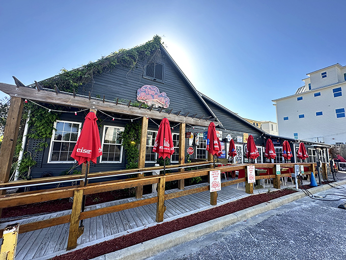 The vine-covered cottage of The RedBar stands like a bohemian oasis amid Santa Rosa Beach's pristine shores, red umbrellas beckoning hungry travelers inside.