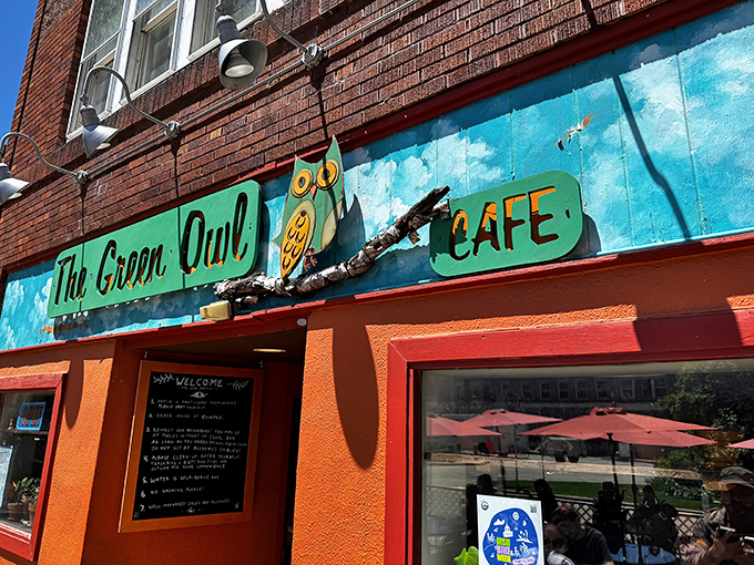 The vibrant turquoise storefront of The Green Owl Cafe brightens Atwood Avenue like a tropical bird in Wisconsin's urban landscape.