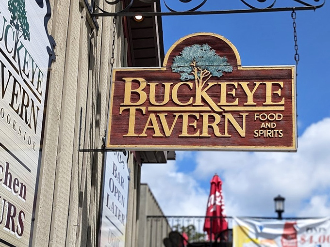 The iconic wooden sign of Buckeye Tavern sways gently in the Pennsylvania breeze, a beacon for hungry travelers since the 1700s.