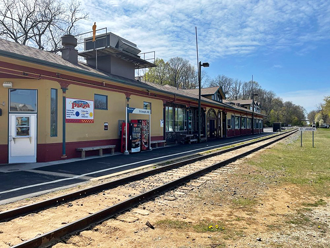 The yellow and burgundy exterior of this converted train depot promises something special inside. All aboard for flavor town!