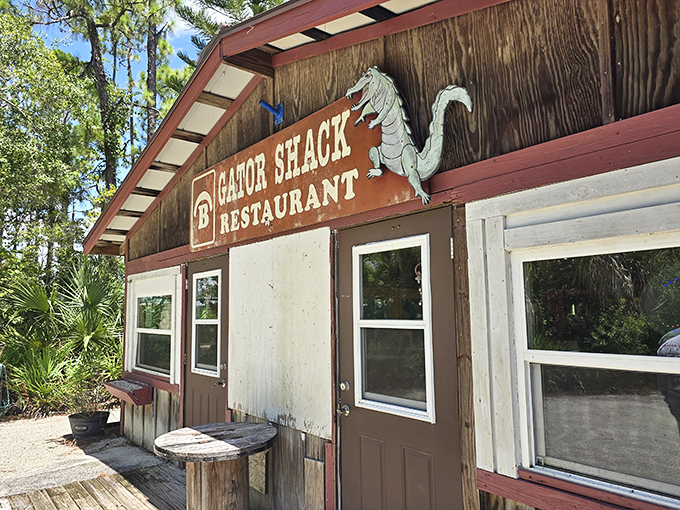 The rustic wooden exterior of The Gator Shack promises authentic Florida cuisine without pretension. That alligator sign isn't just decoration&mdash;it's a delicious preview.