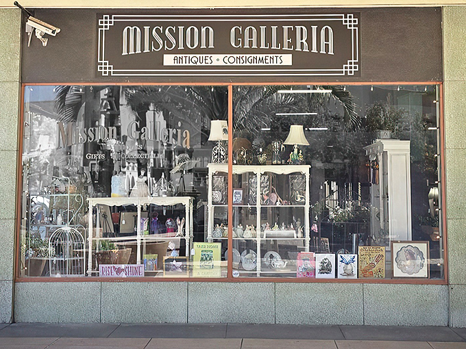 The storefront promises treasures within, like a book cover that actually tells you exactly what you're getting into &ndash; vintage wonders await behind that glass.