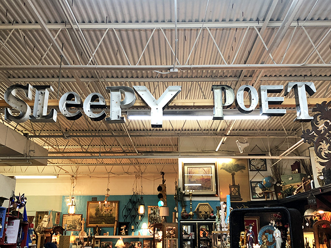 The iconic silver lettering of Sleepy Poet welcomes treasure hunters into a world where nostalgia reigns supreme.