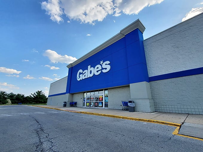The iconic blue Gabe's storefront beckons bargain hunters like a retail lighthouse, promising treasures within that won't break the bank.