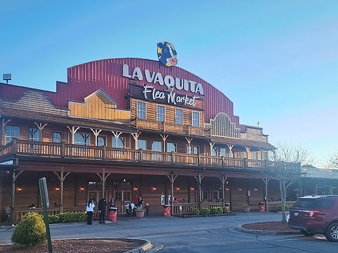The Wild West meets Mexican mercado at La Vaquita's impressive facade. That giant blue cow isn't just decoration&mdash;it's your signal that treasure hunting season is officially open.