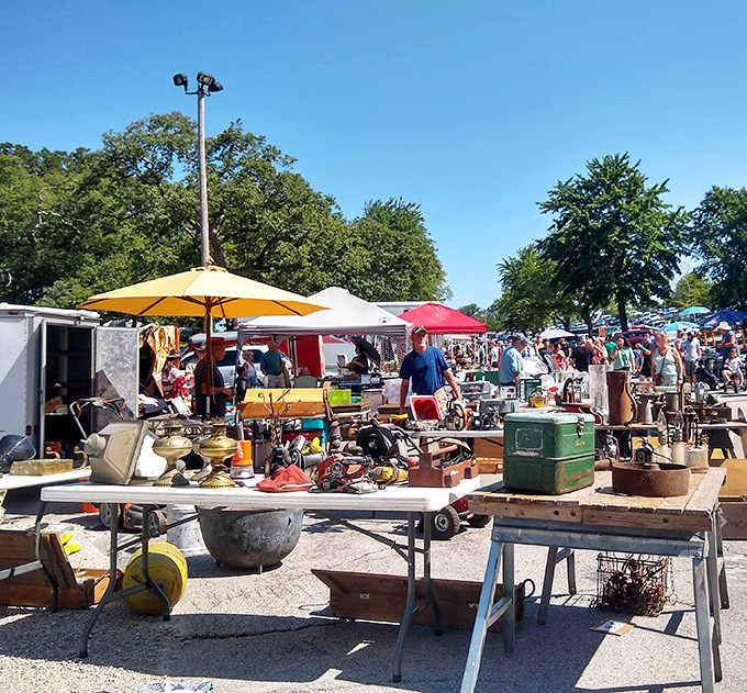 Treasure hunting paradise under blue Missouri skies. Colorful canopies shelter vintage finds while shoppers navigate tables laden with yesterday's treasures and tomorrow's conversation pieces.