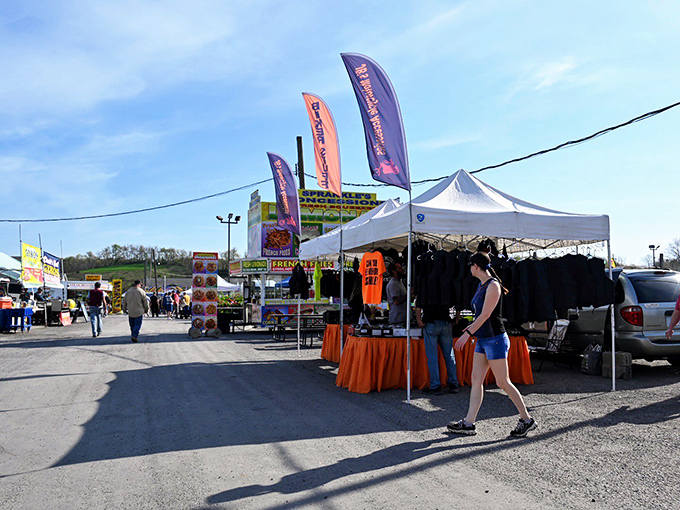 Welcome to treasure hunter paradise! Rogers Flea Market stretches before you with colorful tents and endless possibilities under the Ohio sky.