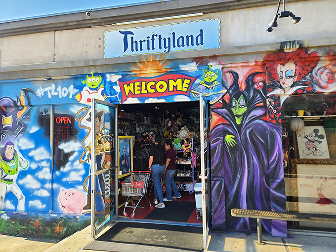 The colorful facade of Thriftyland101 serves as a playful prelude to the treasure hunt within, complete with beloved cartoon characters welcoming bargain seekers.