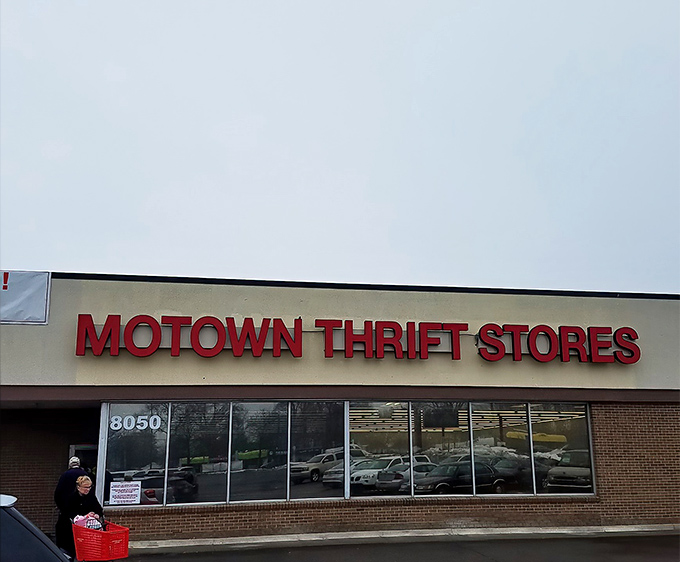 The iconic red Motown Thrift sign beckons bargain hunters like a retail lighthouse, promising treasures within that won't break the bank.