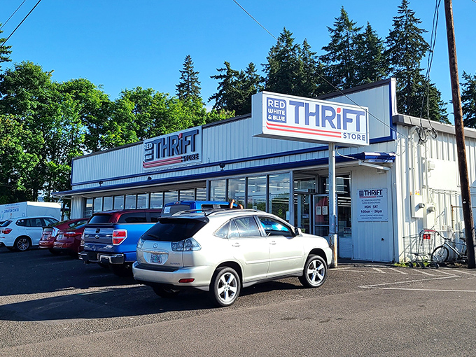 The unassuming exterior of Red White & Blue Thrift Store in Gladstone hides a treasure trove within. Like finding an extra onion ring in your fries &ndash; unexpected joy awaits!