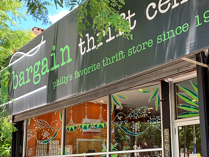The iconic green and black awning of Bargain Thrift Center stands as a beacon for bargain hunters throughout Philadelphia, promising treasures within its unassuming exterior.