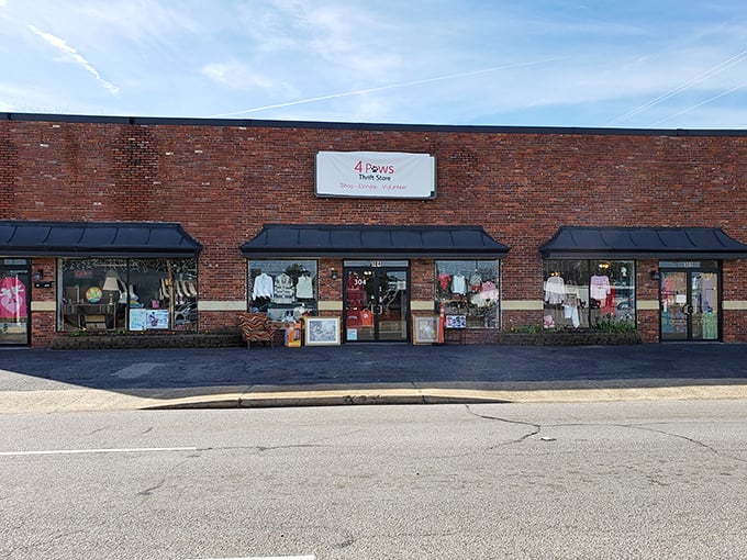 The unassuming brick fa&ccedil;ade of 4 Paws Thrift Store hides a treasure trove within. Like finding the wardrobe to Narnia, but for bargain hunters.