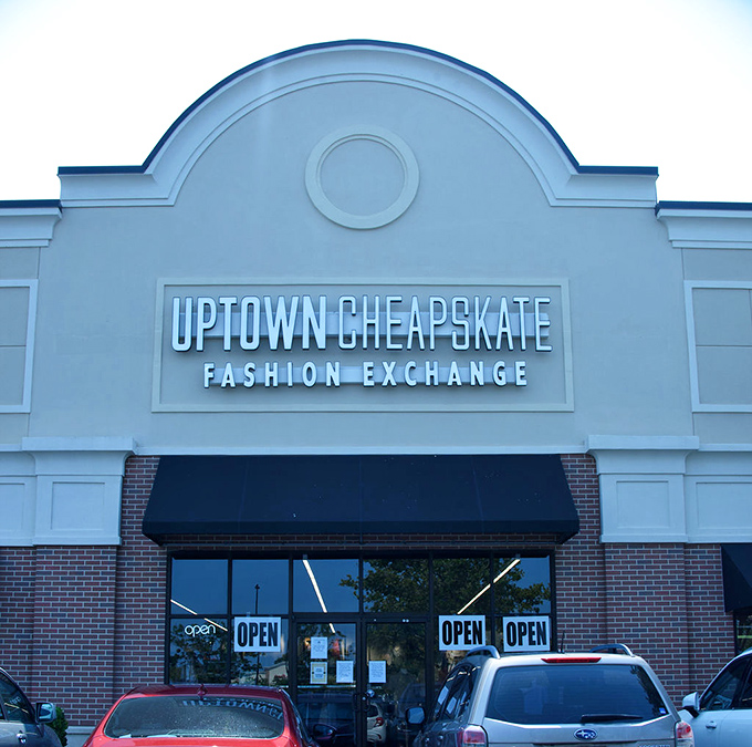 The storefront beckons like a beacon of budget fashion hope. Uptown Cheapskate's clean, modern exterior promises treasures within that won't empty your wallet. 