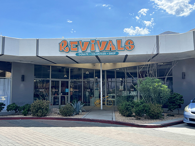 The desert sun bounces off Revivals' iconic orange signage like it's auditioning for a Wes Anderson film. Palm Springs architecture at its thrifty finest.