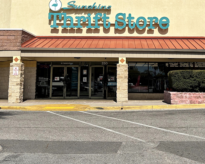 The unassuming entrance to Sunshine Thrift belies the treasure trove within. Like a portal to bargain heaven, those sliding doors promise adventure.