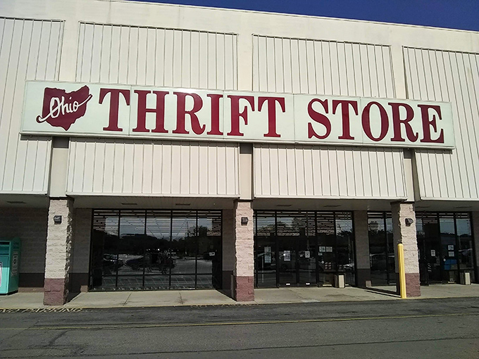 The unassuming exterior of Ohio Thrift Store&mdash;where bargain hunters' dreams come true and wallets breathe sighs of relief.