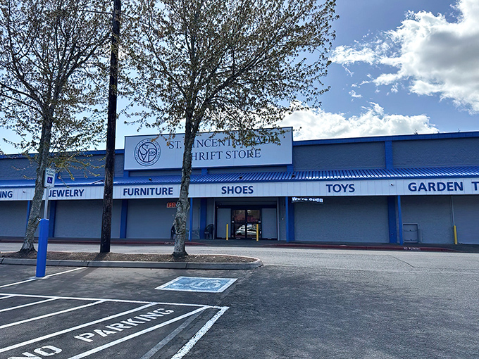 The blue-trimmed facade of St. Vincent de Paul isn't just a storefront&mdash;it's a portal to treasure hunting adventures that won't break the bank.