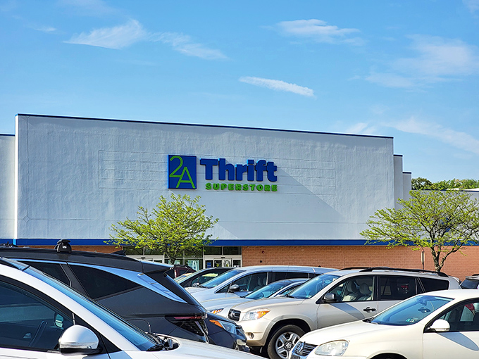 The blue and green signage of 2nd Ave Thrift Superstore stands like a beacon of bargain hope against the Pennsylvania sky. Treasure hunting starts here!