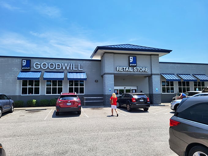 The unassuming exterior of Palmetto Goodwill belies the treasure trove within. Like a bargain hunter's Narnia, this blue-trimmed portal leads to adventure.
