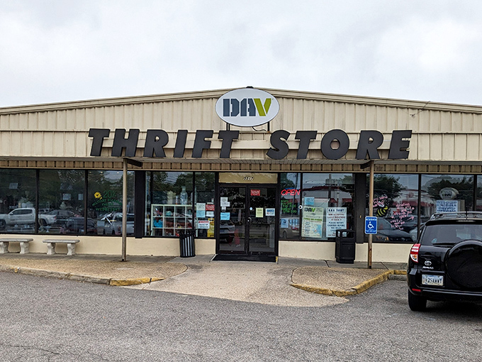 The unassuming exterior of DAV Thrift Store hides a treasure trove within. Like finding the wardrobe to Narnia, but with vintage bargains instead of talking lions.