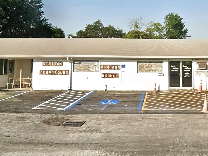 The unassuming exterior of Sisters Junktiques belies the wonderland within&mdash;like finding a portal to vintage paradise behind a modest storefront.