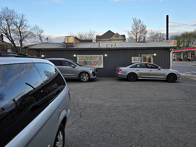 The unassuming exterior of Donut World stands like a humble superhero's secret lair, quietly saving Lancaster from boring breakfasts one donut at a time.