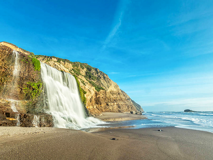 Nature's perfect sunset backdrop &ndash; Alamere Falls cascades 40 feet directly onto the beach, creating California's most dramatic meeting of fresh and salt water.