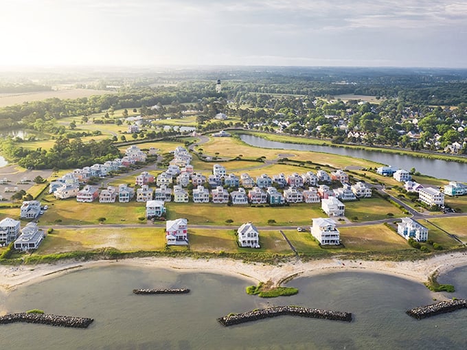 Aerial dreams come true in Cape Charles, where colorful beach homes line the shore like a seaside neighborhood designed by Wes Anderson himself.