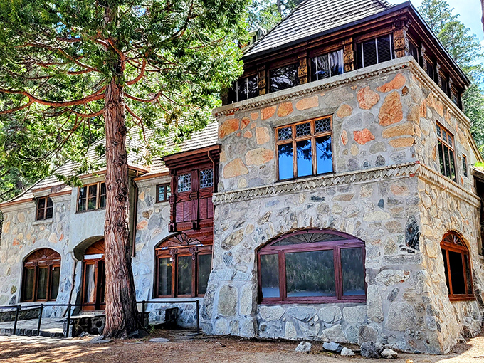 Stone meets wood in this architectural masterpiece. Vikingsholm's facade blends Scandinavian craftsmanship with Sierra granite, creating a castle that seems to have grown from the landscape itself.
