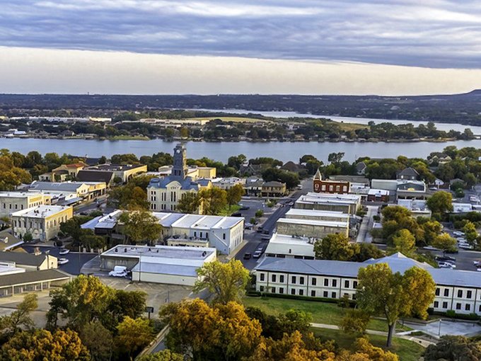 Granbury from above looks like a movie set director's dream&mdash;where small-town Texas charm meets lakeside serenity in perfect cinematic harmony.