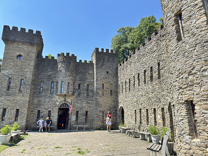 The stone facade of Loveland Castle rises unexpectedly from the Ohio landscape, making you question whether you've somehow teleported to medieval Europe.