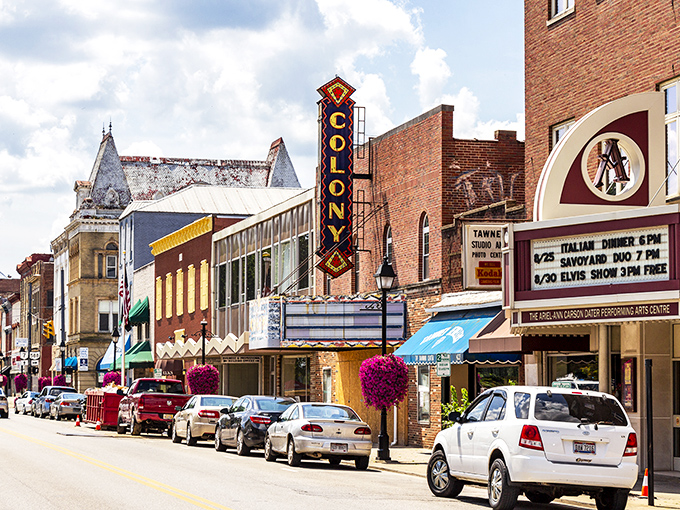 Downtown Gallipolis showcases the iconic Colony Theater marquee, where small-town charm meets vintage Americana without the big-city price tag.