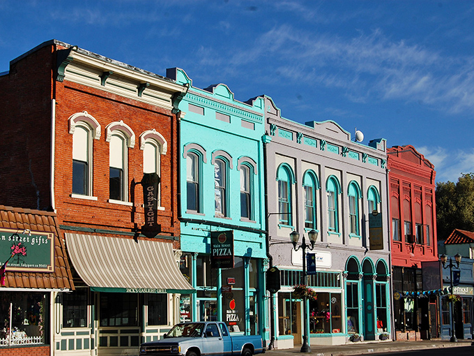Colorful Victorian storefronts line Main Street like a Norman Rockwell painting that decided to vacation in California wine country.