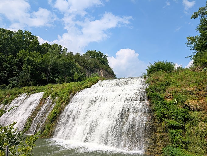 Mother Nature's Illinois surprise party! The multi-tiered Thunder Bay Falls cascades down limestone shelves, proving our prairie state has some vertical ambitions after all.