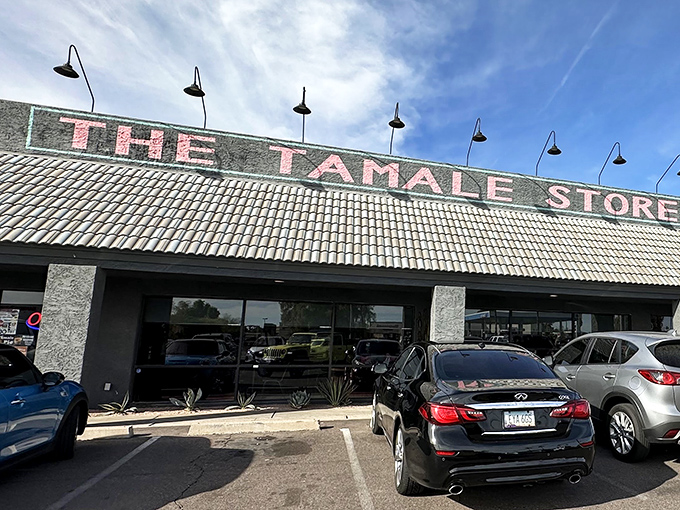 The unassuming exterior of The Tamale Store beckons with a simple promise – life-changing tamales await behind those doors.