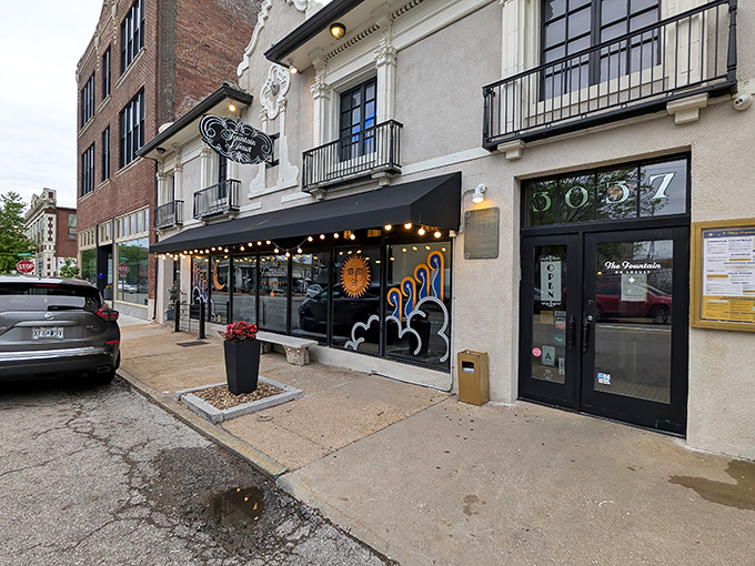 The Fountain on Locust's Art Deco façade stands out on the street like a jazz note in a symphony, promising retro delights within.
