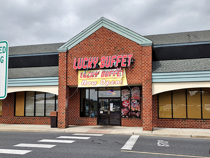 The bright red "Lucky Buffet" sign beckons hungry travelers like a lighthouse for the famished. Those colorful pennants aren't just decoration—they're celebration flags.
