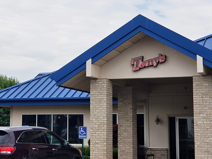 The blue-roofed beacon of comfort food stands proudly against the Ohio sky, promising delicious rewards for those wise enough to stop.