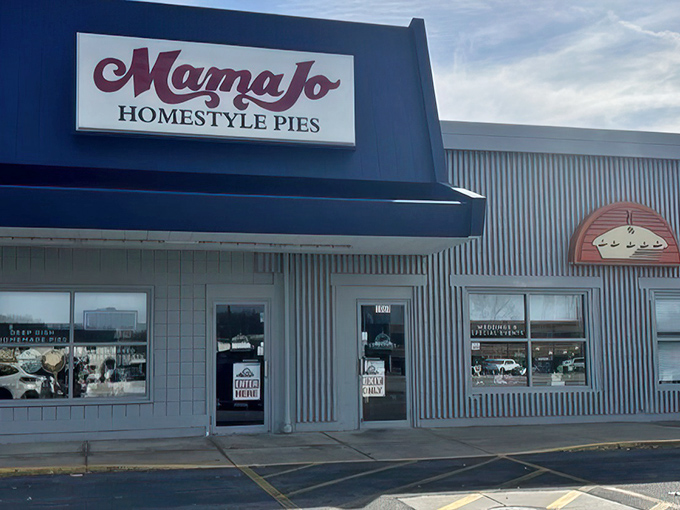 The blue awning and bold red script of Mama Jo's storefront promises pie paradise within&mdash;no fancy frills needed when the goods inside speak volumes.
