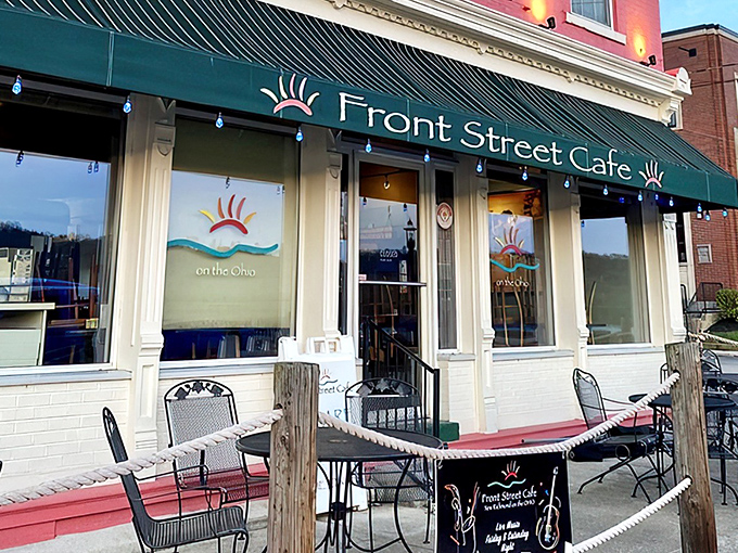 Front Street Caf&eacute; welcomes hungry travelers with its charming green awning and riverside location. Small-town Ohio hospitality at its finest! 